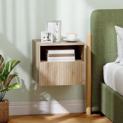 HOMCOM Noční stolek, design bez úchytek, otevřená přihrádka, zásuvka, montáž na zeď, světle hnědá