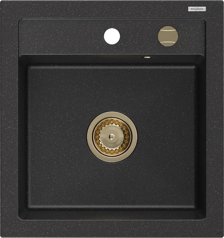 Mexen Vito, granitový dřez 520x490x210 mm, 1-komorový, černá-stříbrná metalíza se zlatým sifonem, 6503521000-73-G