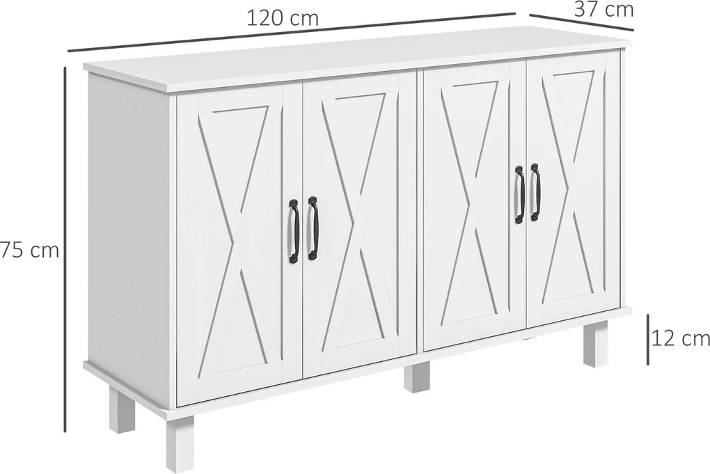 HOMCOM nízký úložný kabinet v country stylu, kuchyňský bufet se 2 dvoukřídlovými skříňkami a nastavitelnými policemi 120 x 37 x 75 cm - Bílý | Aosom