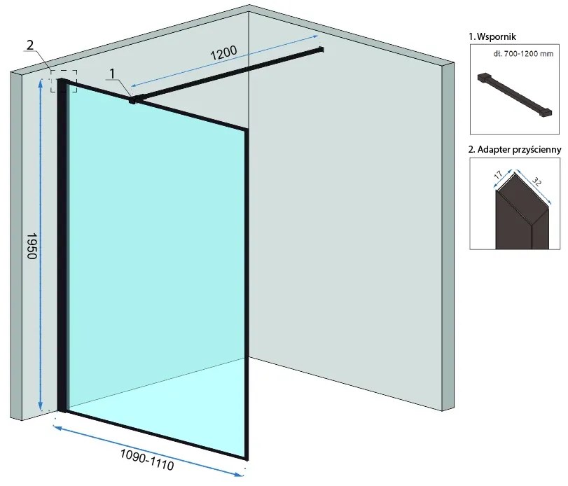 Bezrámová sprchová zástěna REA BLER 110 cm, černá/transparent - bez vaničky