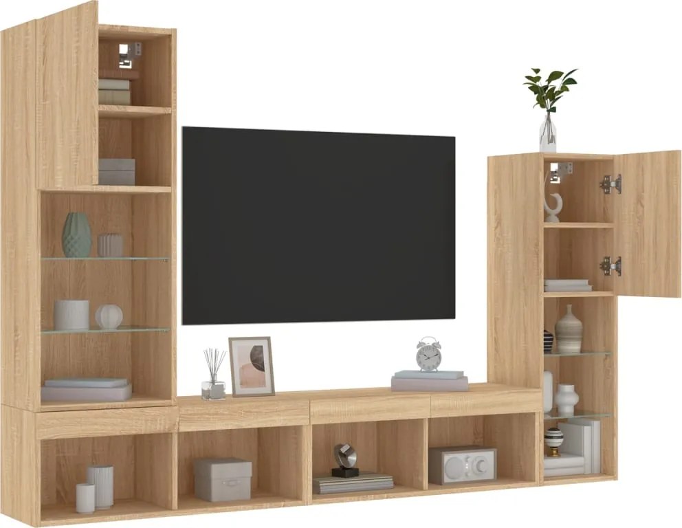 4dílná obývací stěna s LED dub sonoma kompozitní dřevo 3216656