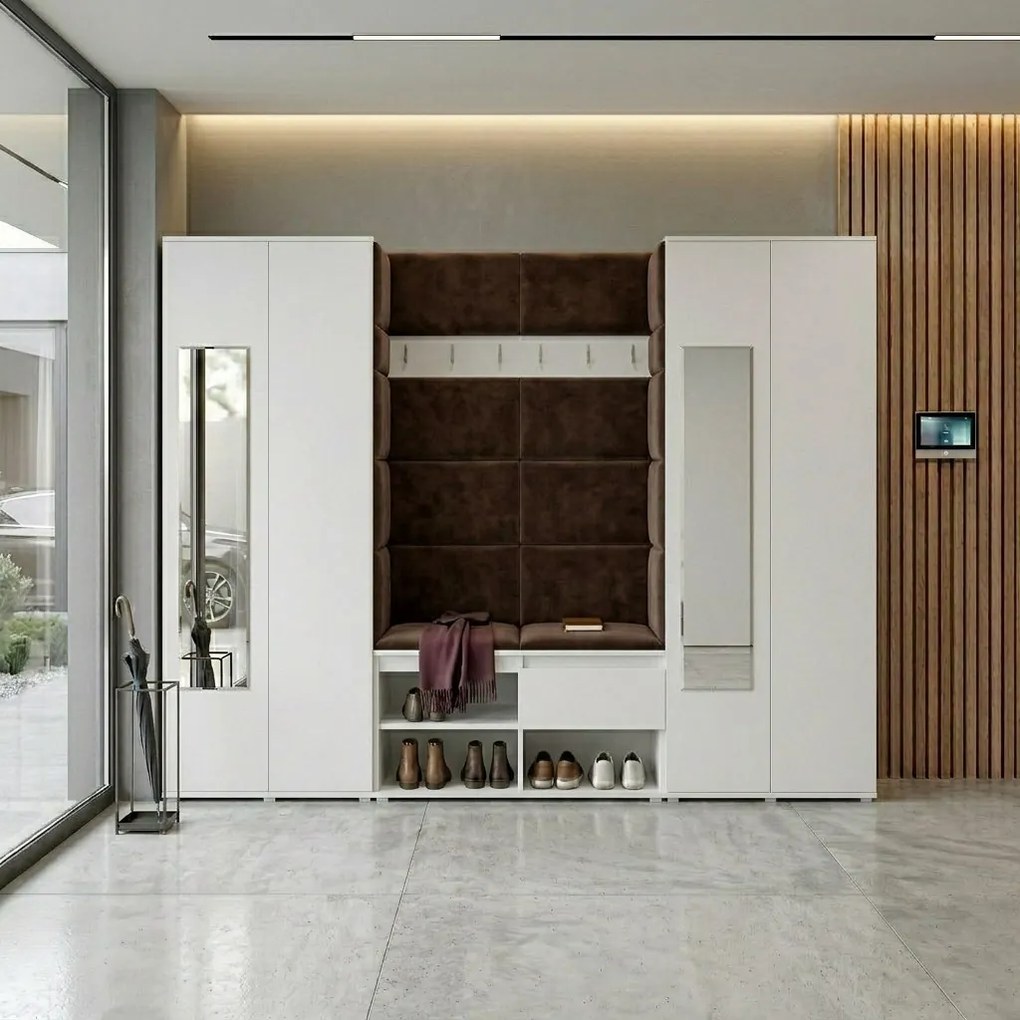 Předsíňová stěna Trinity 10 s čalouněnými panely, 280 cm, bílá / hnědá