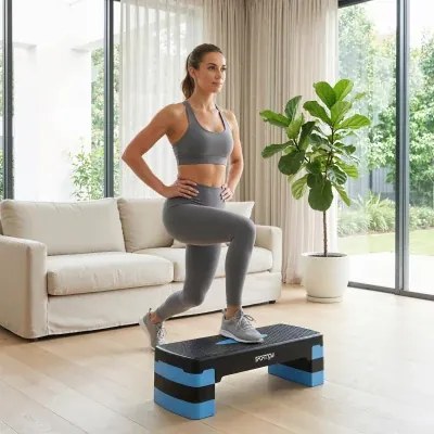 SPORTNOW Aerobní stepper 3 úrovně, nastavitelná výška 10/15/20 cm s přídavky, protiskluzový povrch, 68x29x20 cm, modrá