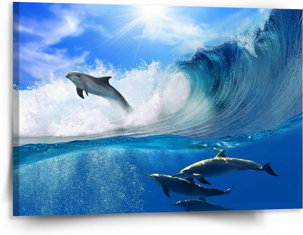 Obraz - Delfíni ve vlnách 150x110 cm
