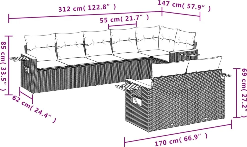 8dílná zahradní sedací souprava s poduškami šedá polyratan 3259393