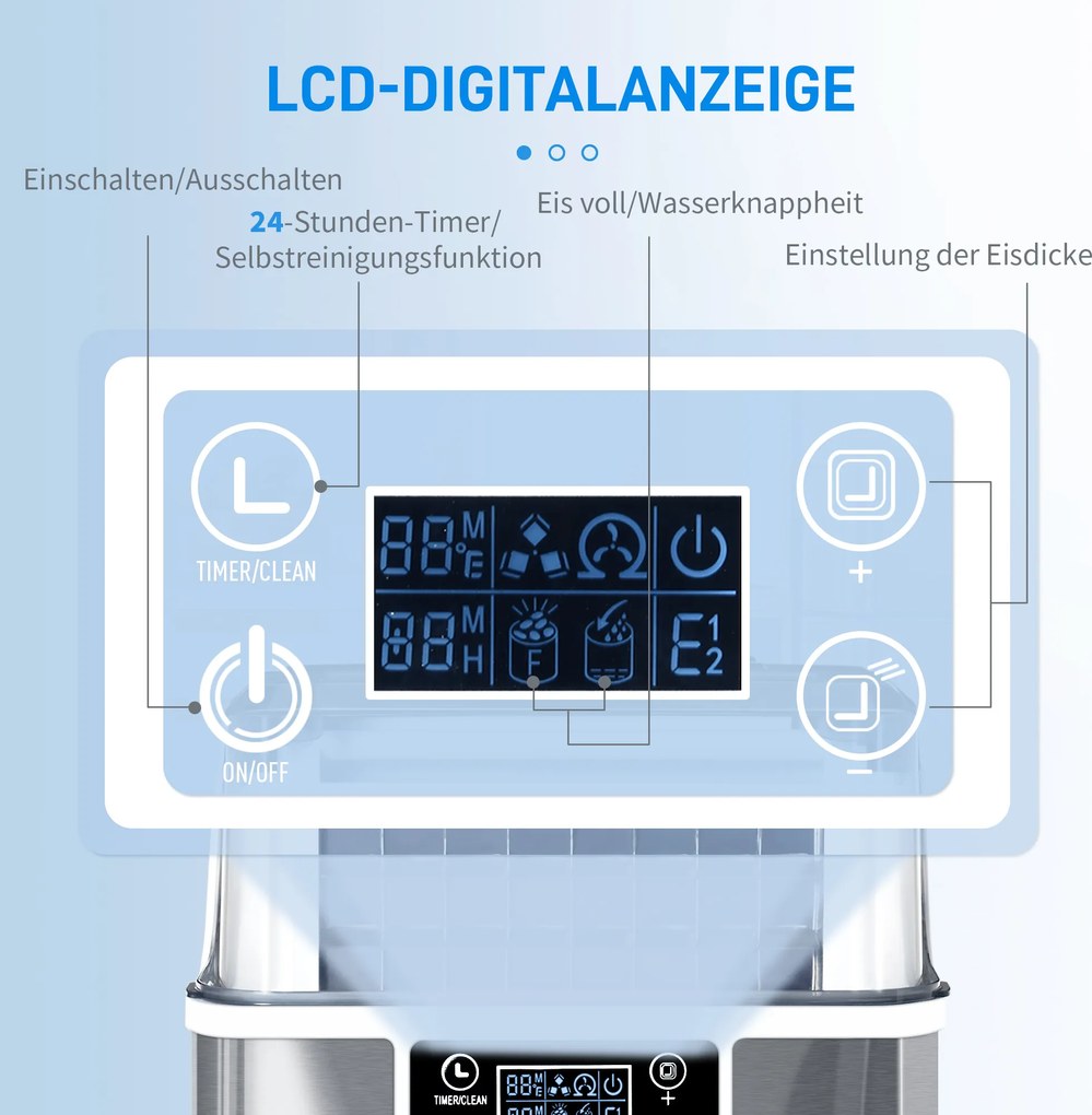 HOMCOM Výrobník kostek ledu, 20 kg/24h 2,3 l, s nádržkou na vodu 3,2 l, automatický čisticí program, nerezová ocel, 25,2 x 36 x 37,1 cm, stříbrná| Ao…