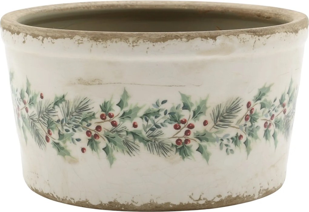 Béžový keramický květináč s cesmínou Holly Christmas Antique – Ø 16,5*9,5 cm