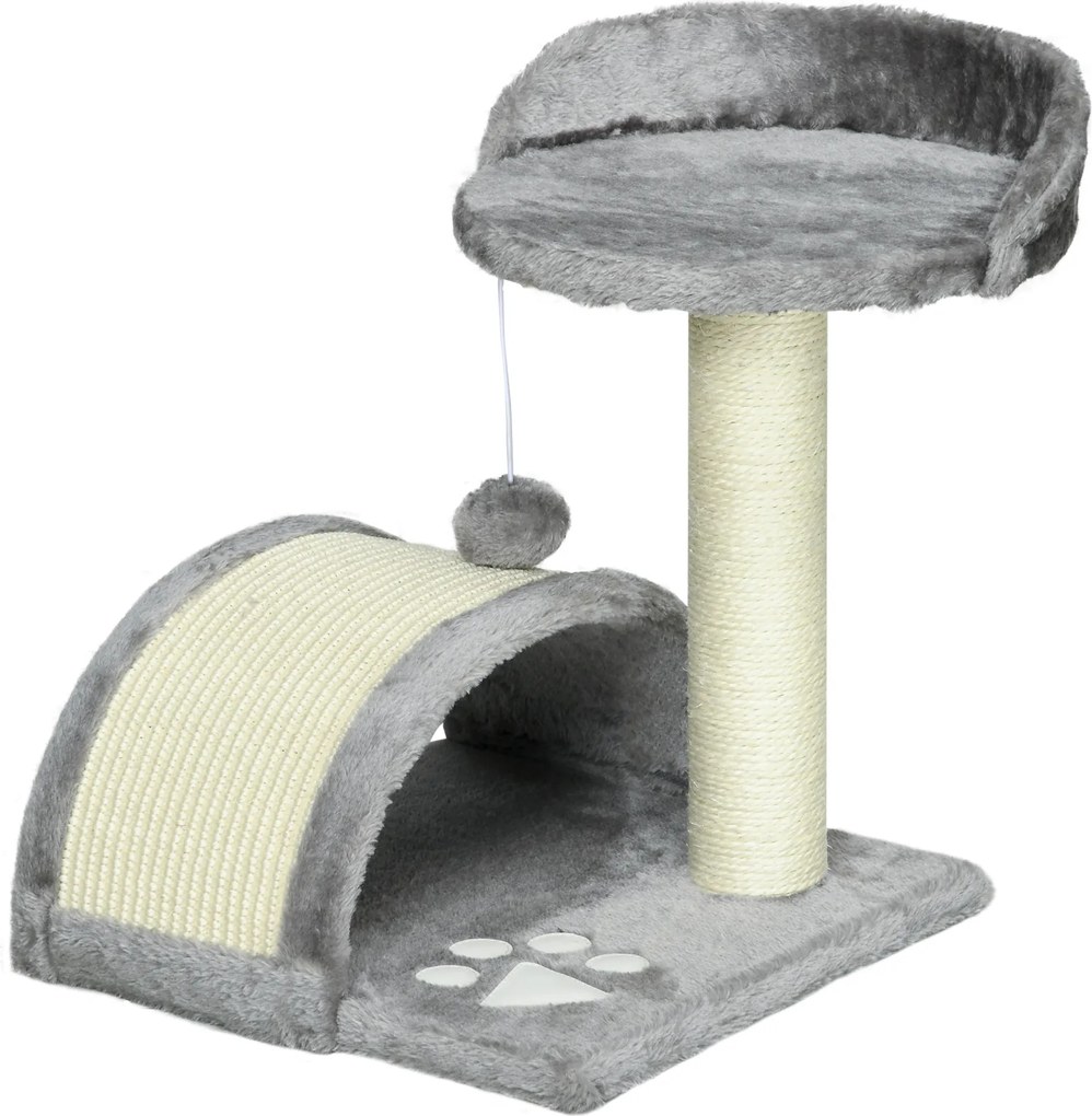 PawHut Malý Kočičí Škrabací Strom Výška 46 cm 2-Level Kočičí Strom s Škrabacím Sloupkem, Platfromami a Houpacím Míčkem 35,5x37x46 cm Šedá