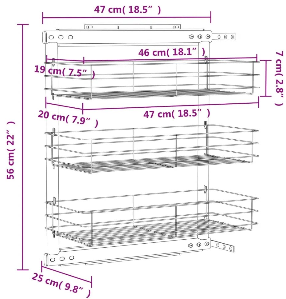 vidaXL Marketos 3patrový výsuvný kuchyňský drátěný koš stříbrný 47 x 25 x 56 cm
