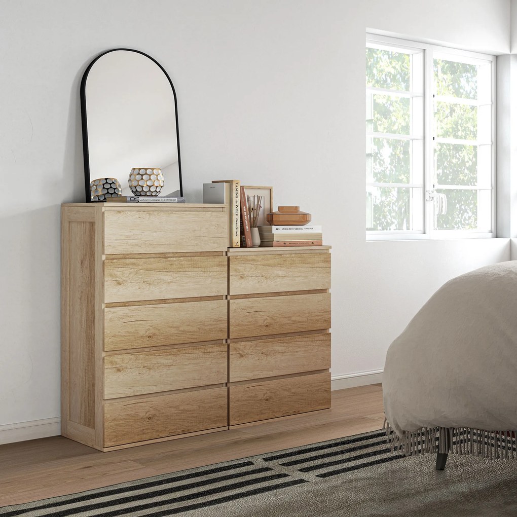 HOMCOM 5-zásuvková komoda do ložnice s moderním stylem a tichým uzavíracím mechanismem - 60 x 38 x 100 cm, Přírodní dřevo