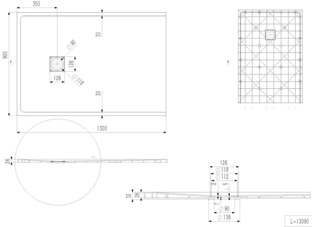 Erga Hyper, SMC sprchová vanička 130x90x2, 6 cm + sifon, šedá matná, ERG-V06-SMC-9013S-GR
