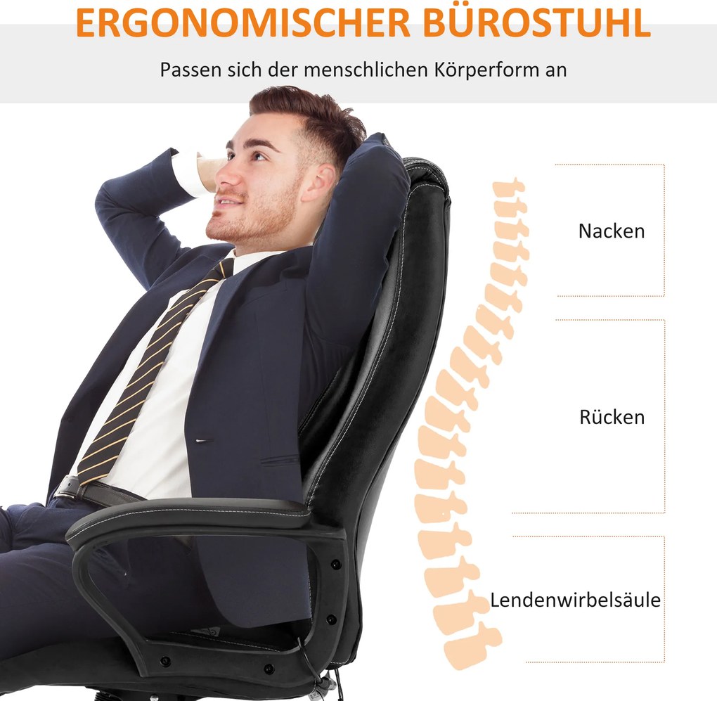 Masážní kancelářská židle Vinsetto v kůži, ergonomická výškově nastavitelná otočná židle, počítačová židle v černé barvě pro kancelář a domácí kancel…