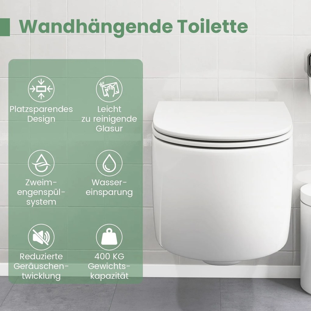 Costway Závěsné WC Keramické závěsné WC bílé s WC sedátkem dual splachovací