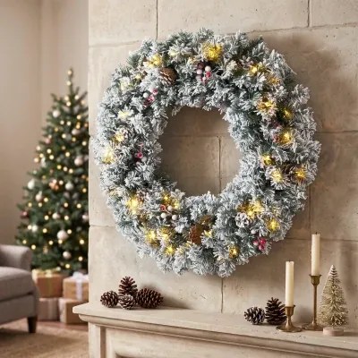 HOMCOM zasněžená vánoční girlanda 60 cm s LED světly, tartanovou mašlí, větvemi, šiškami, bobulemi, zelená