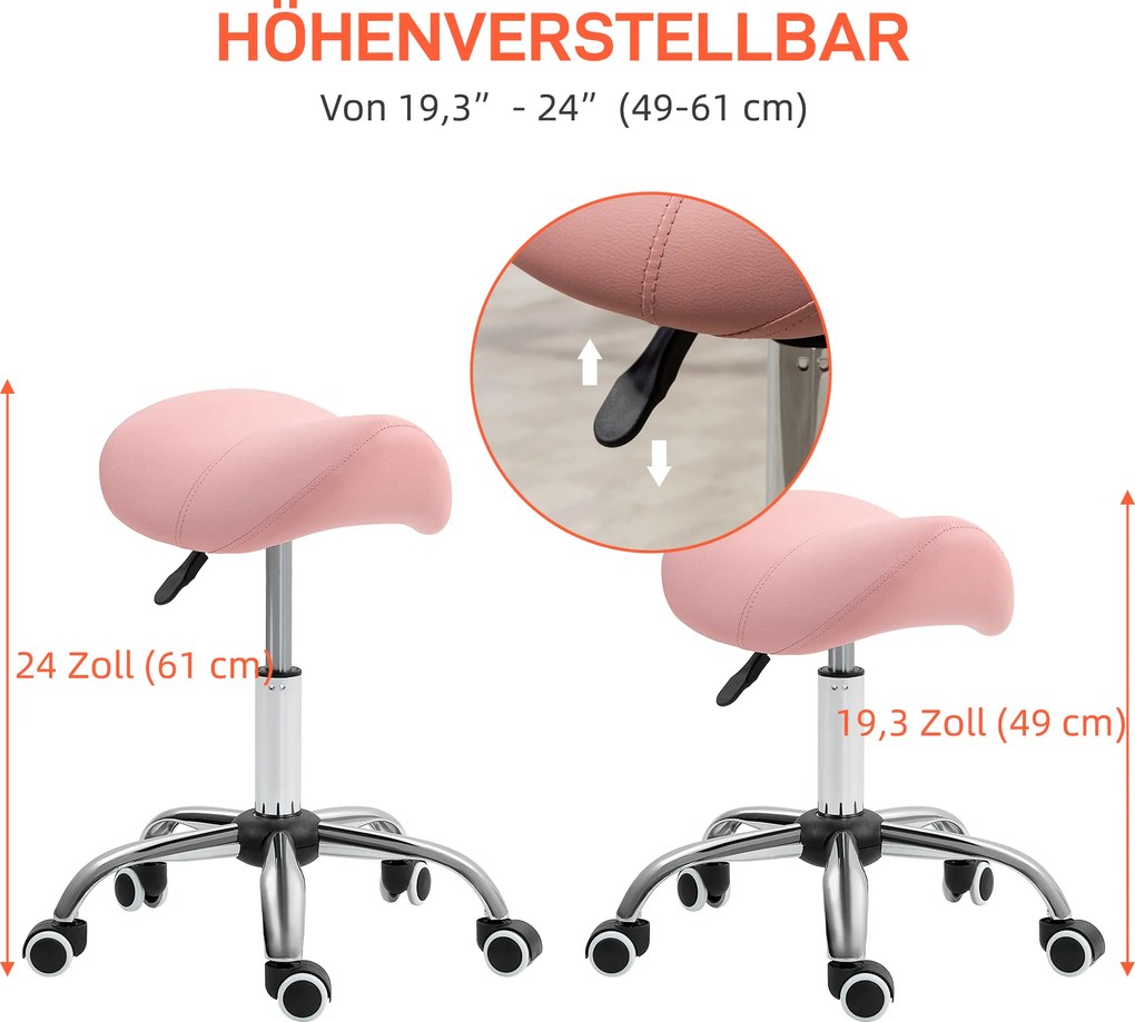 HOMCOM Výškově nastavitelná stolička 49-61 cm pracovní stolička 360° otočná stolička kancelářská stolička pro kancelář, salon, masáž, spa Růžová
