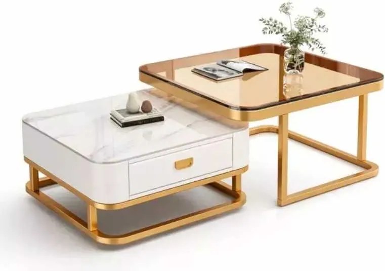 LuxuryForm DESIGN Konferenční stolek ARAGON 70 × 70 / 60 × 60 cm – zlatý / bílý mramor + sklo (set 2 ks)
