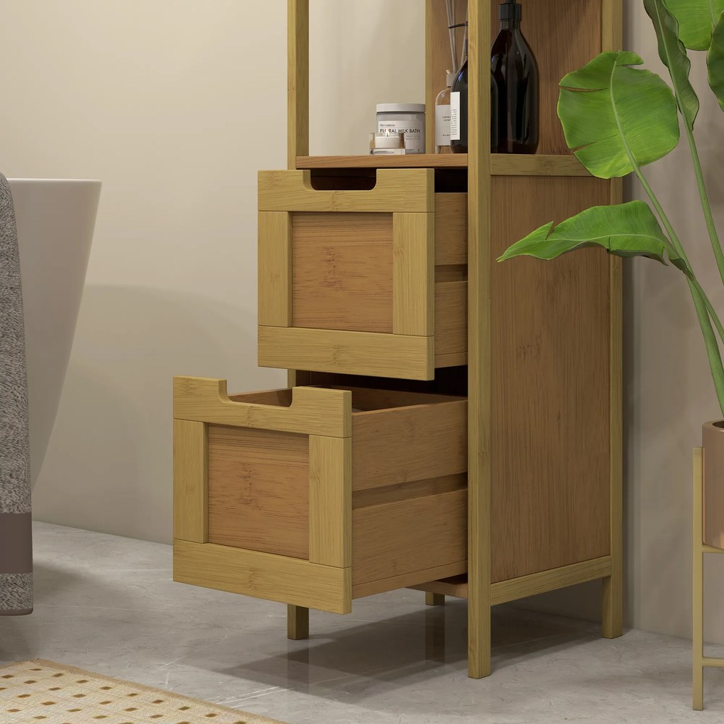 Kleankin Elegantní koupelnová sloupová skříňka 30L x 30W x 144H cm se 3 policemi a 2 zásuvkami z přírodního bambusu