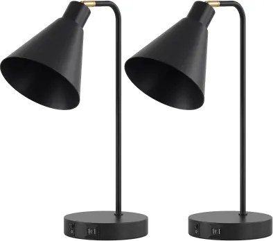 HOMCOM sada 2 moderních stolních lamp z oceli s USB porty, objímka E27, bez žárovek, černá