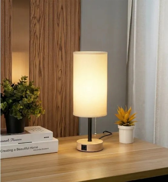 Brilagi - Stolní lampa s USB portem TABLON 1xE27/25W/230V dub/černá/bílá