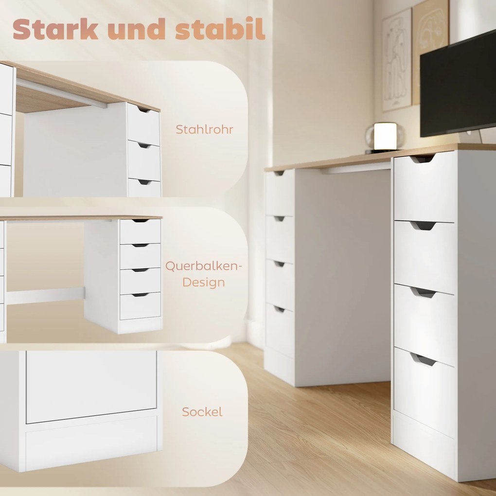 HOMCOM 140 cm počítačový stůl, 8 zásuvek, psací stůl pro domácí kancelář, ložnici, ocel, dřevo, přírodní