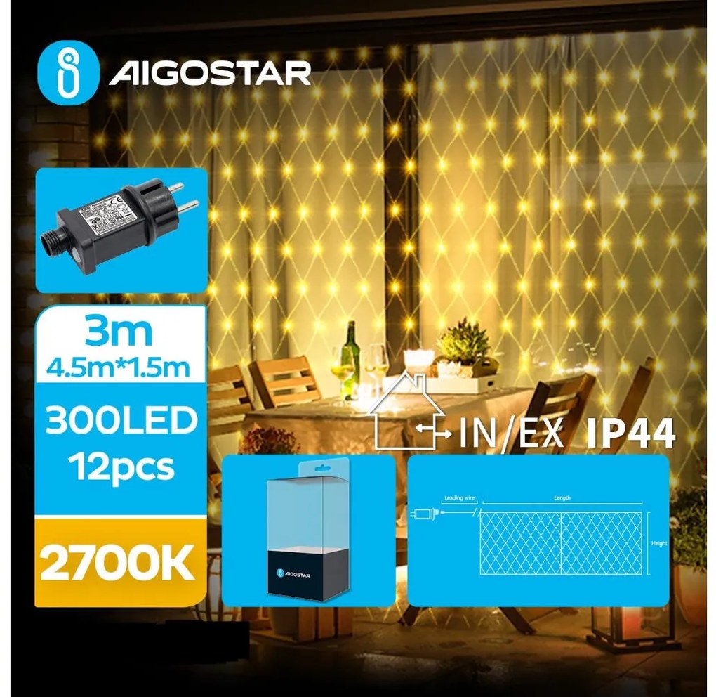 Aigostar B.V. Aigostar - LED Venkovní vánoční řetěz 300xLED/8 funkcí 7,5x1,5m IP44 teplá bílá AI0498