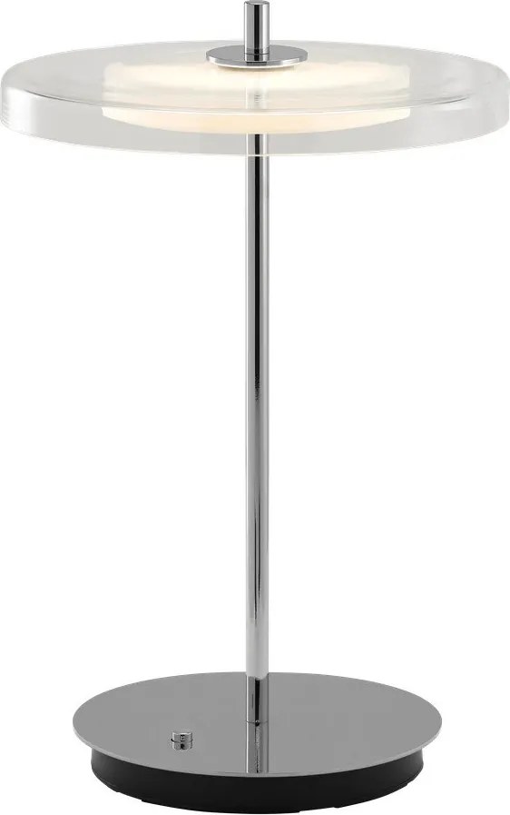 Ocelová LED stolní lampa s USB portem ve stříbrné barvě se skleněným stínidlem (výška 31 cm) Asteria Move – UMAGE