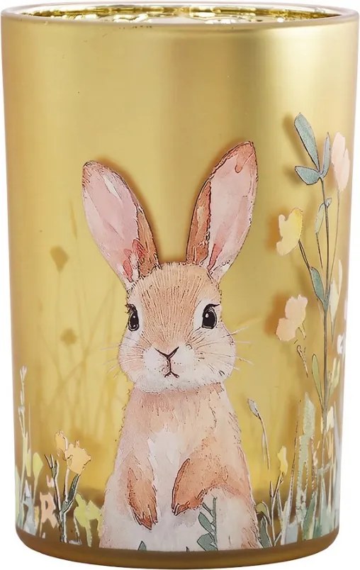 Žlutý skleněný svícen s králíčkem L - Ø 12*18 cm