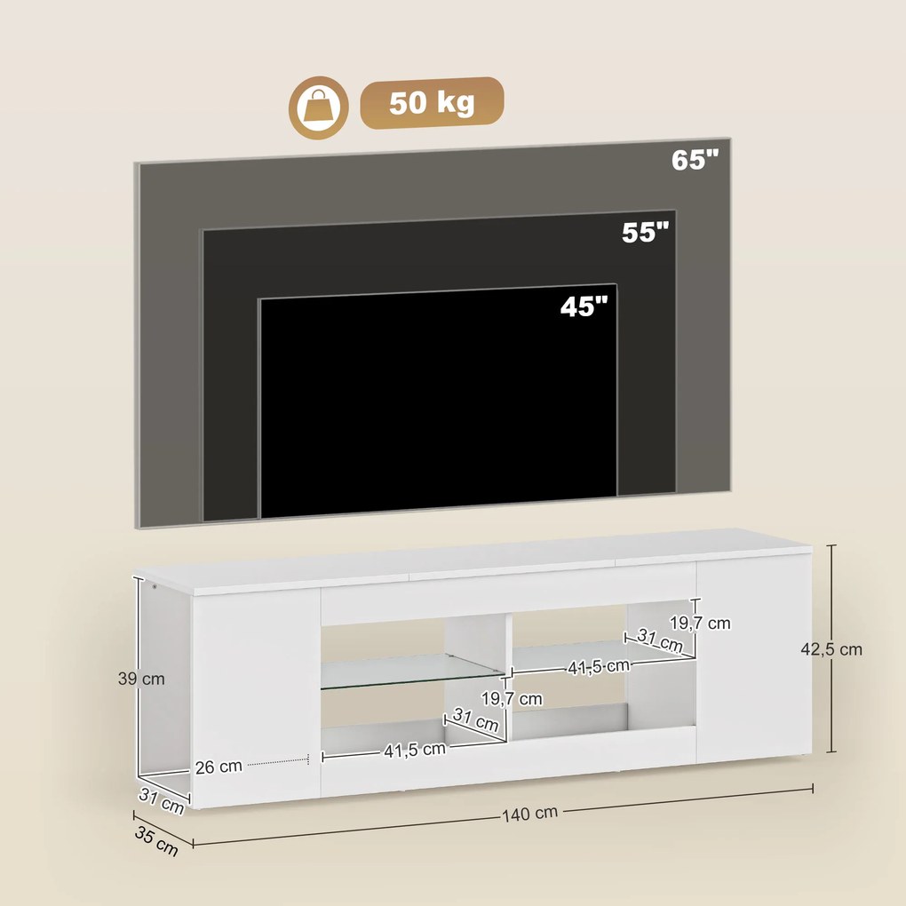 HOMCOM 140 cm TV stojan, televizní komoda, 6 přihrádek, 2 skleněné police, dřevotříska, bílá