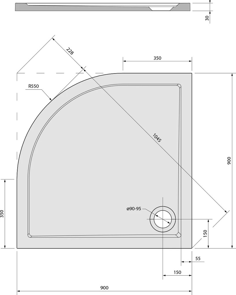 Polysan Sera sprchová vanička čtvrtkruh 90 x 90 x 4 cm litý mramor bílá 41511