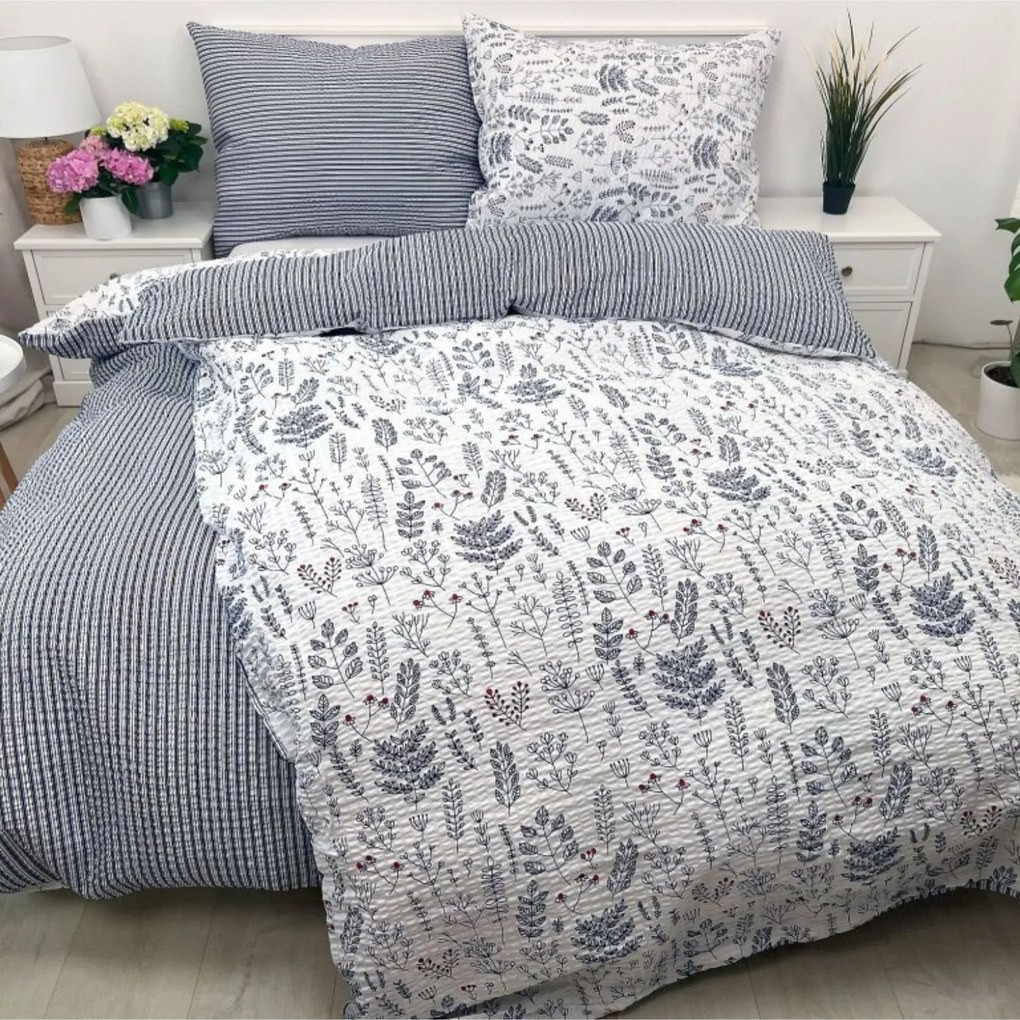 Krepové povlečení Herbář Modrý oboustranný Zapínání: knoflík, Velikost polštáře: 50x70, Velikost přikrývky: 140x220