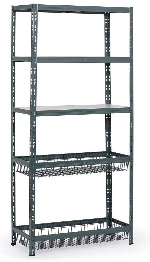 Policový regál s koši, 1954 x 900 x 400 mm, nosnost 175 kg, 3 police + 2 koše