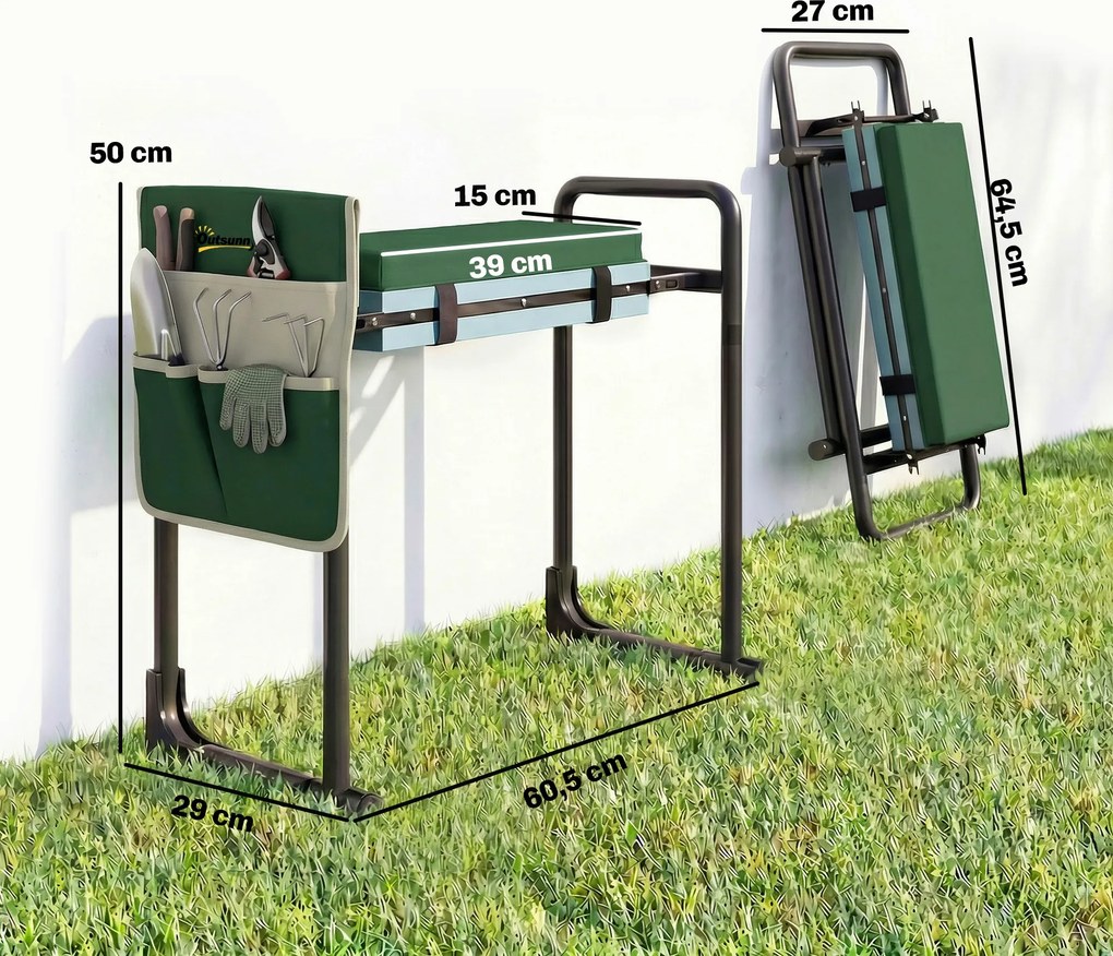 Outsunny skládací zahradní podložka a stolička s kolenní podložkou, kapsou na nářadí a nastavitelnými nohami — nosnost 150 kg, 60,5 × 29 × 50 cm, zel…