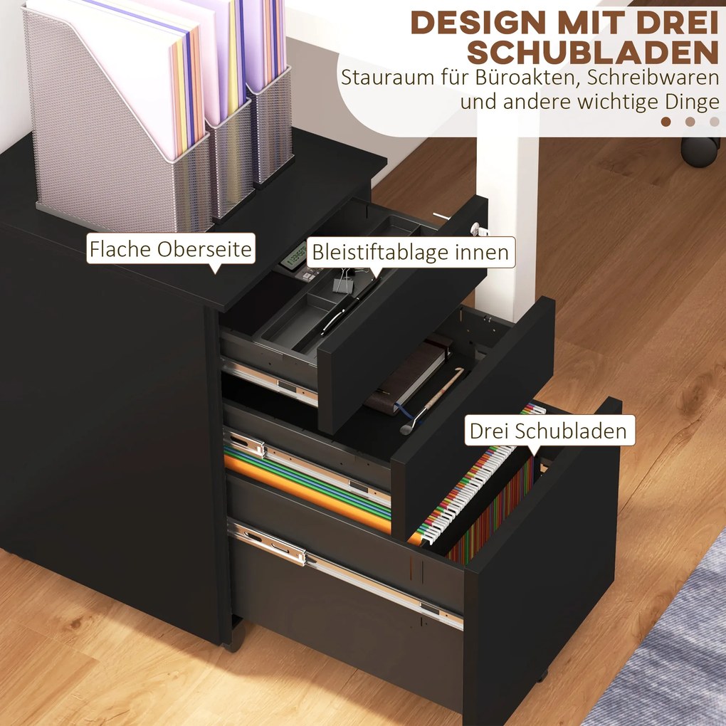 Vinsetto skříň na dokumenty uzamykatelná se zásuvkami 37L x 43,5W x 60H cm pojízdná s brzdami 3stupňová nastavitelná ocelová tyč černá