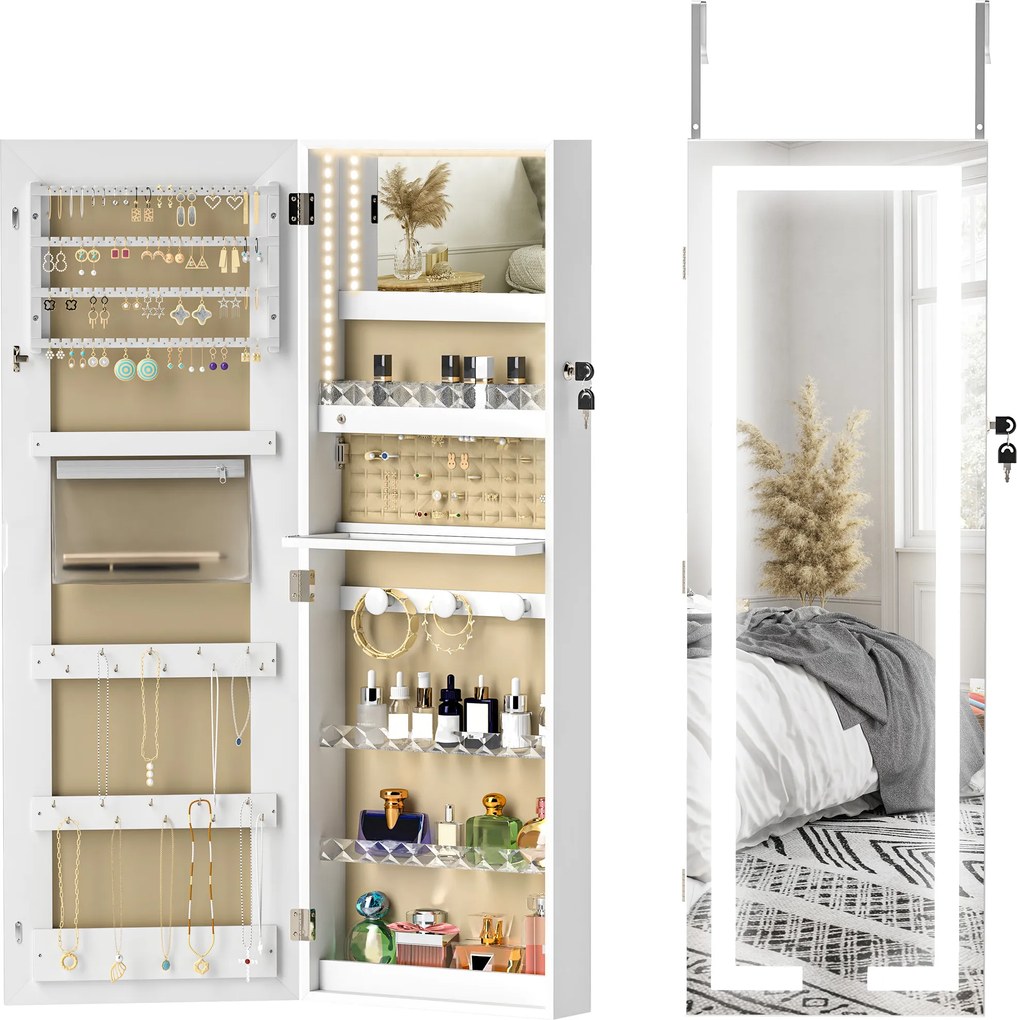 HOMCOM šperkovnice s LED, zamykatelný organizér na stěnu / dveře se zrcadlem, 37 x 10,5 x 108 cm, bílá