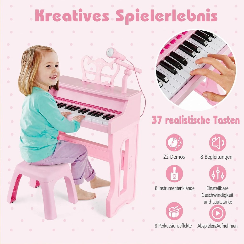 Costway Dětská klávesnice 37-Keys Dětské elektronické piano se stoličkou růžové
