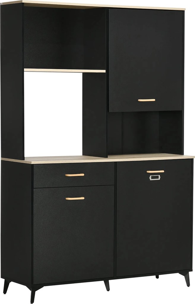 HOMCOM Kuchyňské Komoda s 1 Šuplíkem 3 Dveřmi a Otevřeným Úložným Prostorem Moderní Styl Mikrovlnná Trouba 119x41x180 cm Černá | Aosom