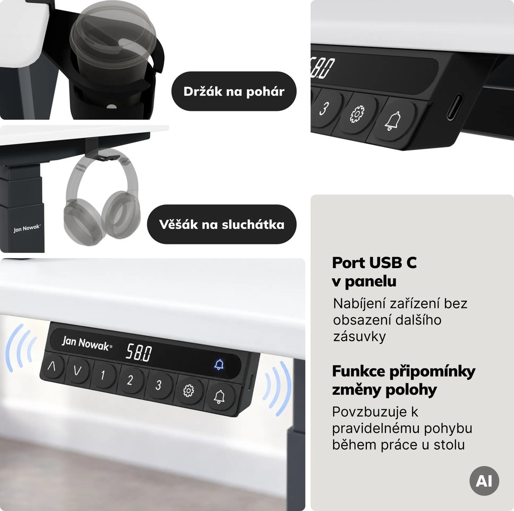 Elektrický stůl s nastavením výšky ergonomický antracitově-bílý, 1400x700 mm: ARIA