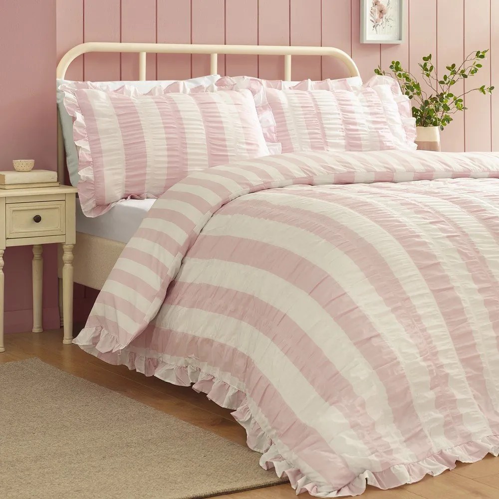 Růžové povlečení na jednolůžko 135x200 cm Seersucker Frill Stripe – Catherine Lansfield