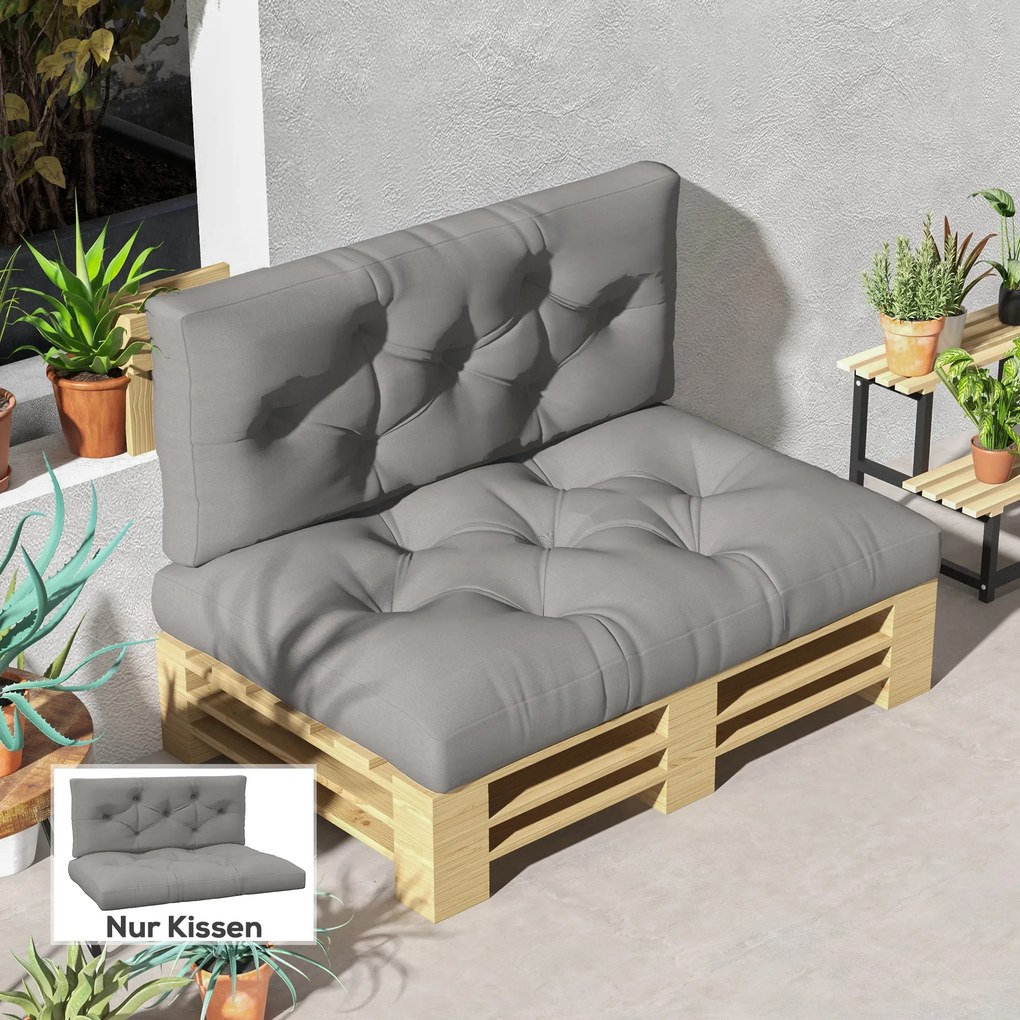 Outsunny 2dílná sada polštářů na paletovou sedačku – sedák 120 × 80 × 10 cm + opěrka 120 × 40 × 10 cm, UV-odolné a voděodolné, světle šedé