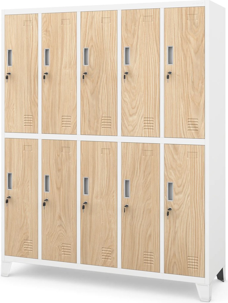 Plechová šatní skříňka na nožkách s 10 boxy BARTEK, 1360 x 1720 x 450 mm, Eco Design: bílá/ dub sonoma