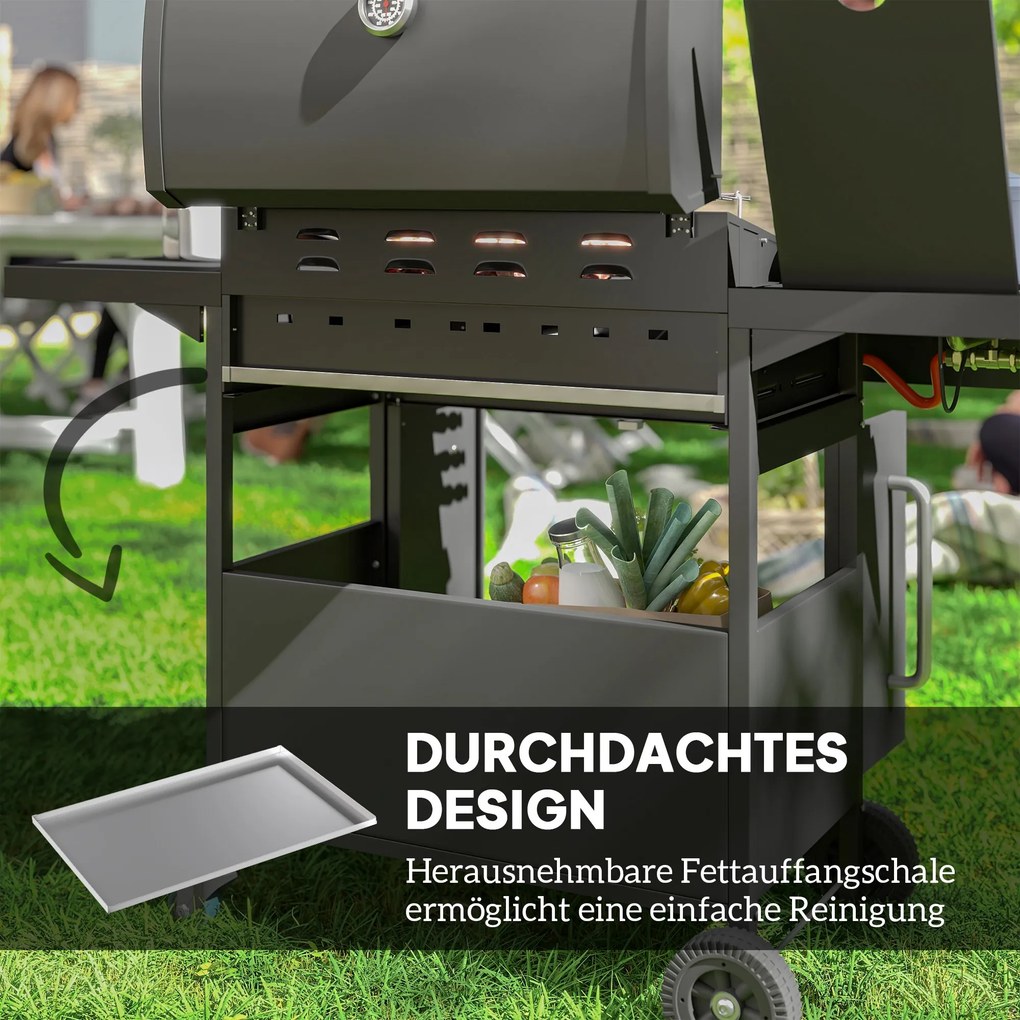 Outsunny Plynový gril 15,2 KW, grilovací vozík včetně 5 nerezových hořáků, kolečka, boční vařič, 129,5 x 56 x 110 cm, černá