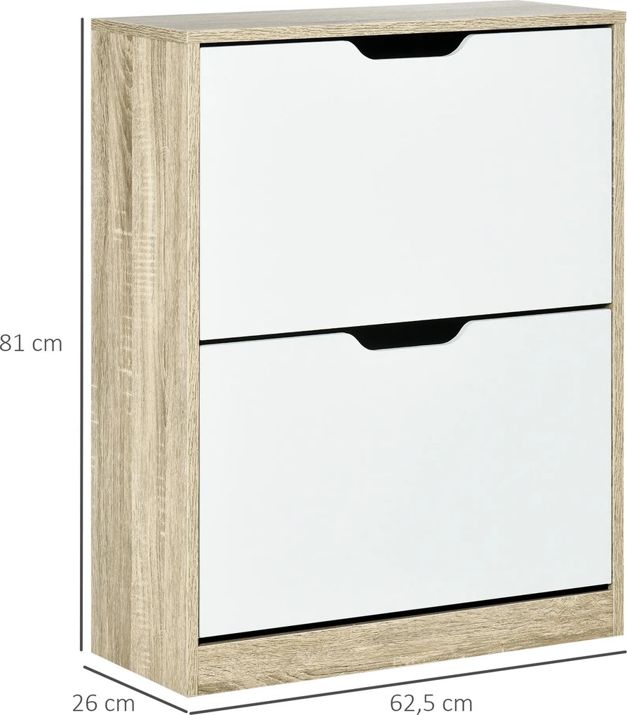 HOMCOM Dřevěný botník s 2 skládacími dvířky a 4 policemi, kapacita pro 8 párů do předsíně, chodby nebo ložnice, 62,5x26x81 cm, bílý a přírodní