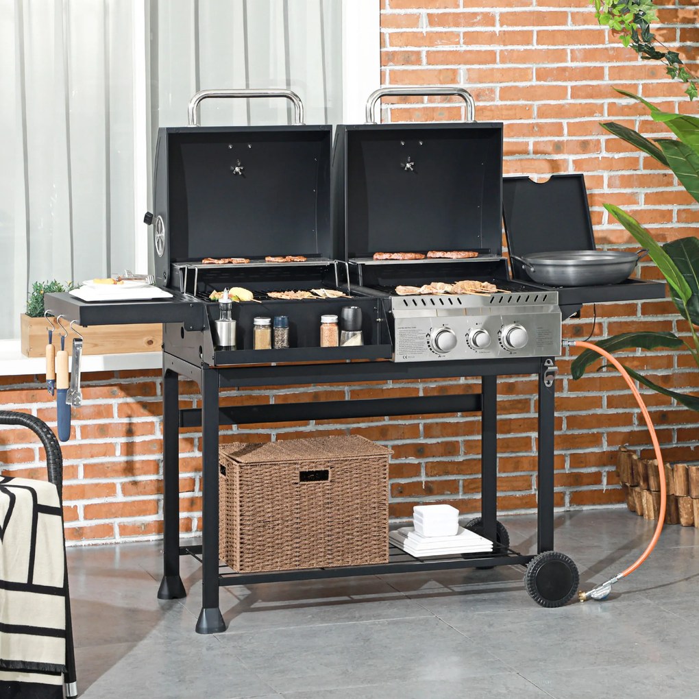 Outsunny plynový grilovací vozík 2+1 hořák s teploměrem 3kW BBQ gril na dřevěné uhlí s odkládací plochou Boční odkládací plocha Háček pro kempování Č…