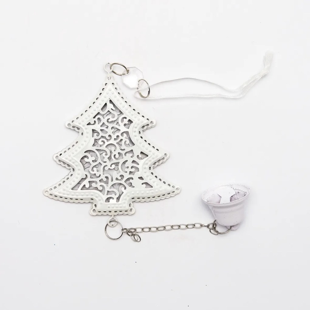 Vánoční ozdoba na stromeček kovový stromeček, 10 × 8,5 cm, se zvonečkem 3 cm
