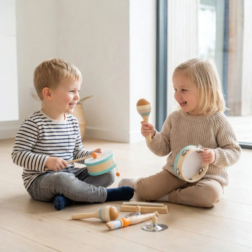 AIYAPLAY dětská sada hudebních nástrojů, 10-dílná Montessori sada nástrojů s tamburínou, chrastítky, bubnem, činely, flétnou