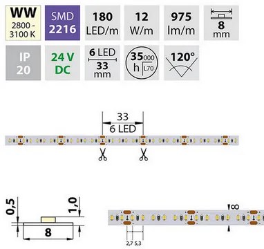 LED pásek McLED 24V teplá bílá š=8mm IP20 12W/m 180LED/m SMD2216 ML-126.733.60.0