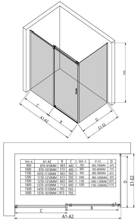 Erga Lynn, sprchový kout s posuvnými dveřmi 130(dveře) x 100(stěna) x 195 cm, 8mm čiré sklo, černý profil, ERG-V02-LYNN-D130G100-CL-BK