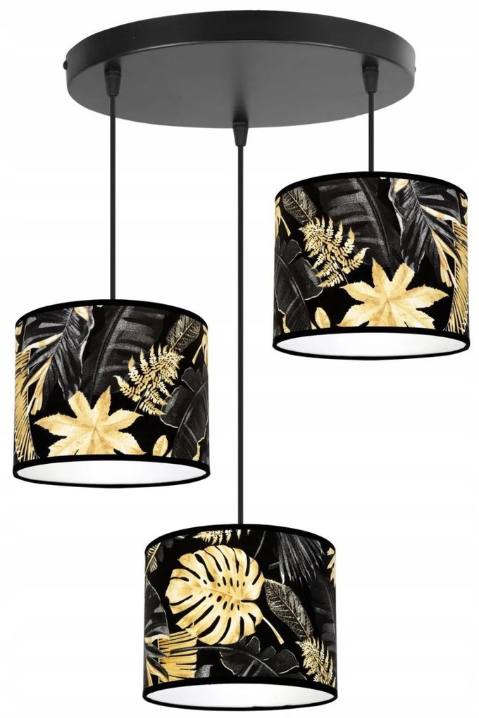 Závěsné svítidlo Gold Flowers, 3x černé textilní stínítko s květinovým vzorem,