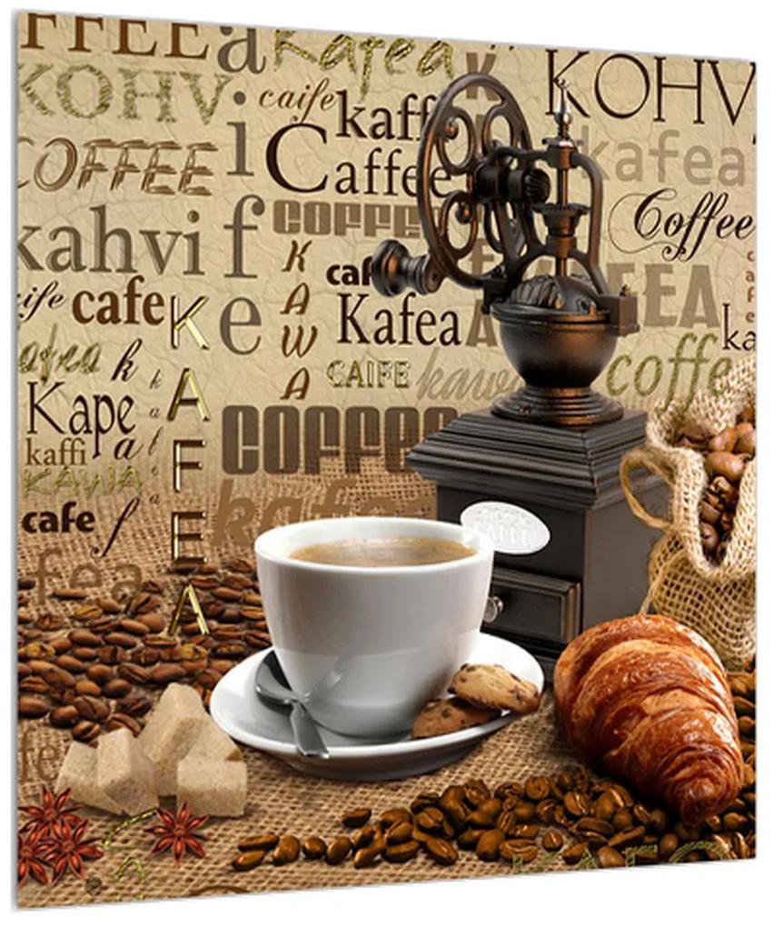 Obraz kávy, mlýnku a croissantů (40x40 cm)