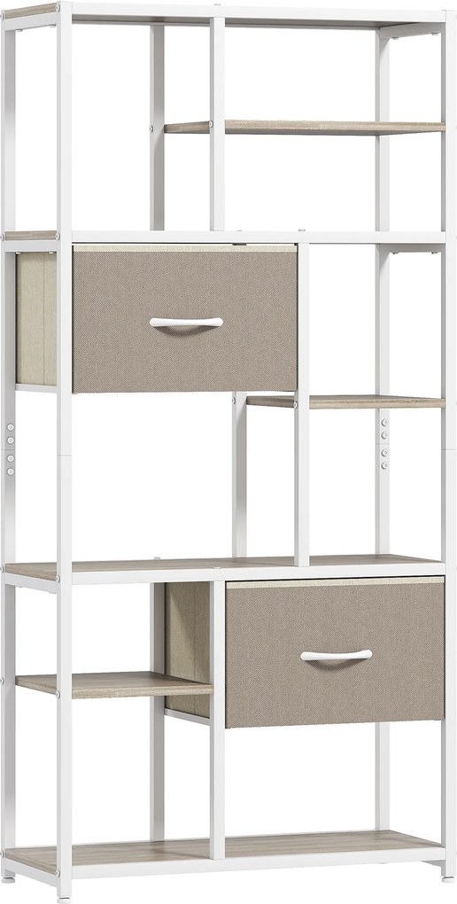 HOMCOM úložný regál 6 pater, knihovna se 2 látkovými zásuvkami, 9 otevřených přihrádek, 72,5 x 30 x 150 cm, bílá